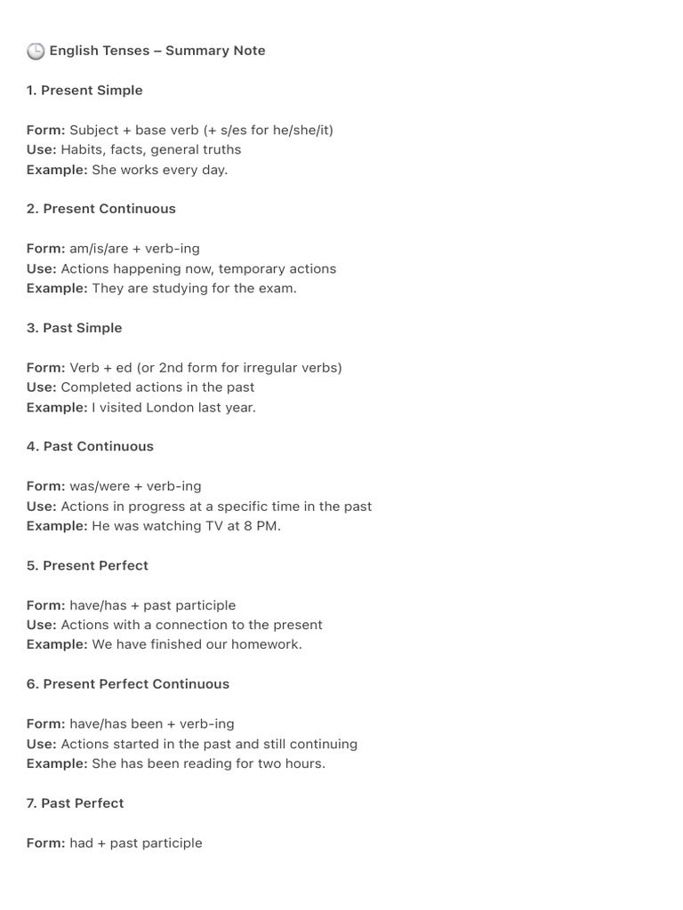 ? English Tenses - Summary Note | PDF