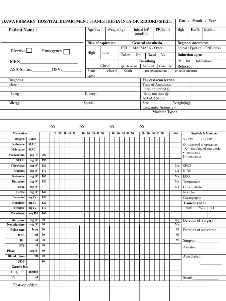 Anesthesia Record Sheet | PDF | Anesthesia | Blood Pressure