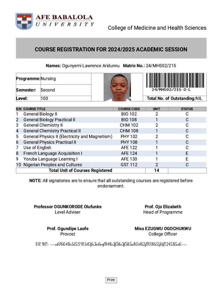 Course Registration Form Printout - Afe Babalola University ODL | PDF