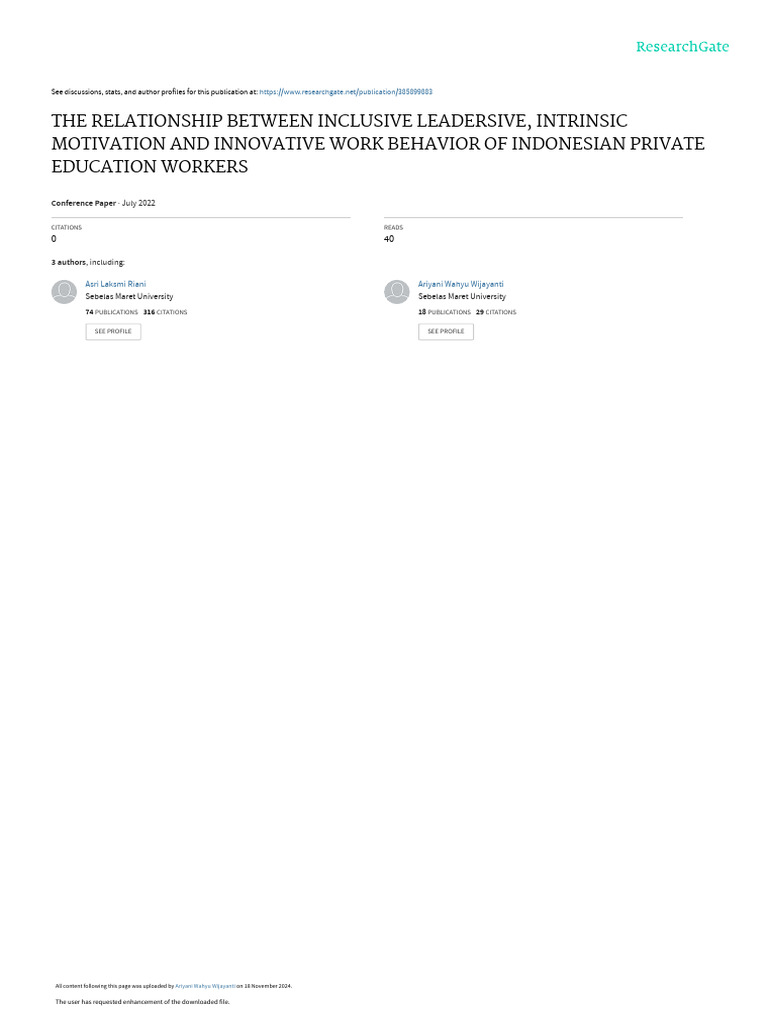 The Relationship Between Inclusive Leadersive Intrinsic Motivation and Innovative Work Behavior ...