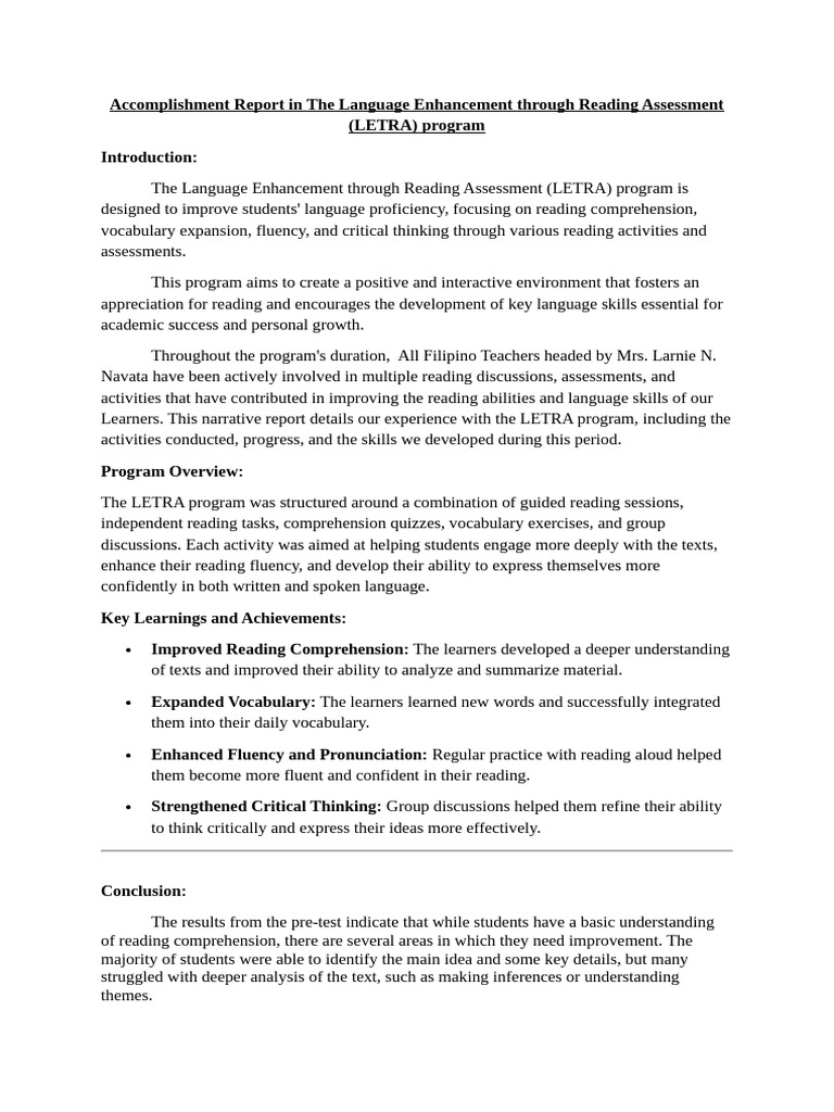 Accomplishment Report in The Language Enhancement Through Reading Assessment | PDF | Reading ...