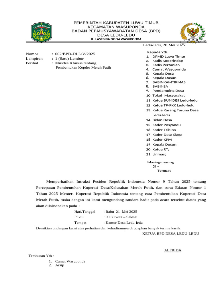 Undangan Musdes Pembentukan Kopdes | PDF