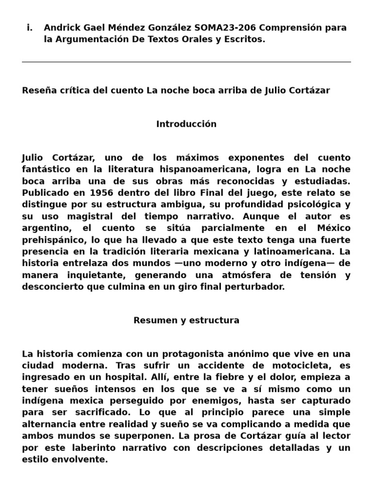 Análisis de "La noche boca arriba" de Cortázar | PDF