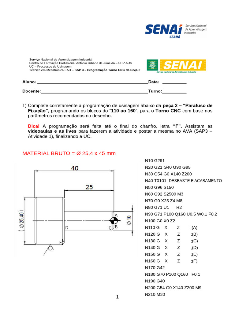 Programação CNC para Parafuso de Fixação | PDF | Máquinas | Metalurgia