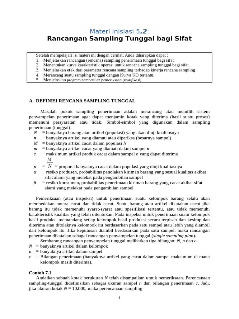 Materi 5.2 Rancangan Sampling Penerimaan Tunggal (Sifat) | PDF