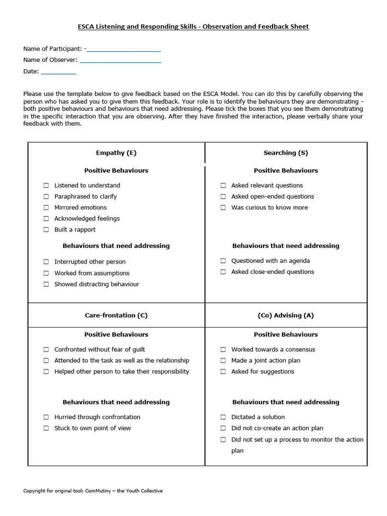 ESCA Listening-Responding Skills Observation and Feedback Sheet | PDF ...
