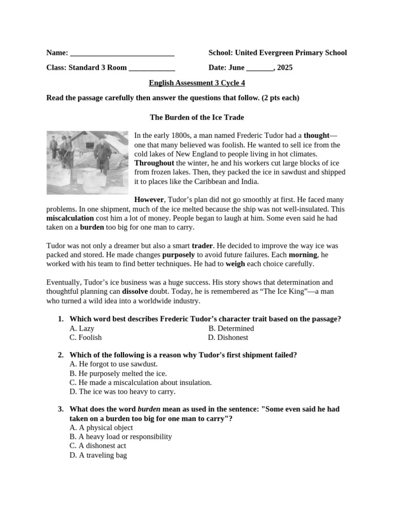 English Assessment 3 C4 | PDF | Ice