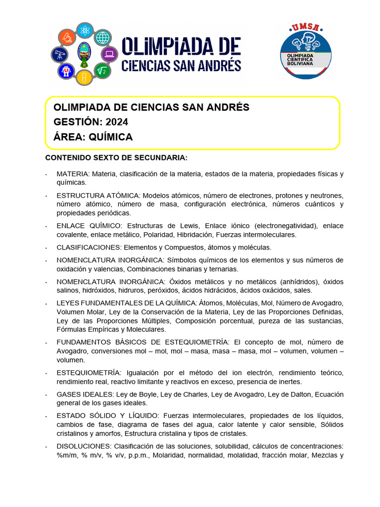 6to Sec Contenido QMC 2024 | PDF | Química | Importar