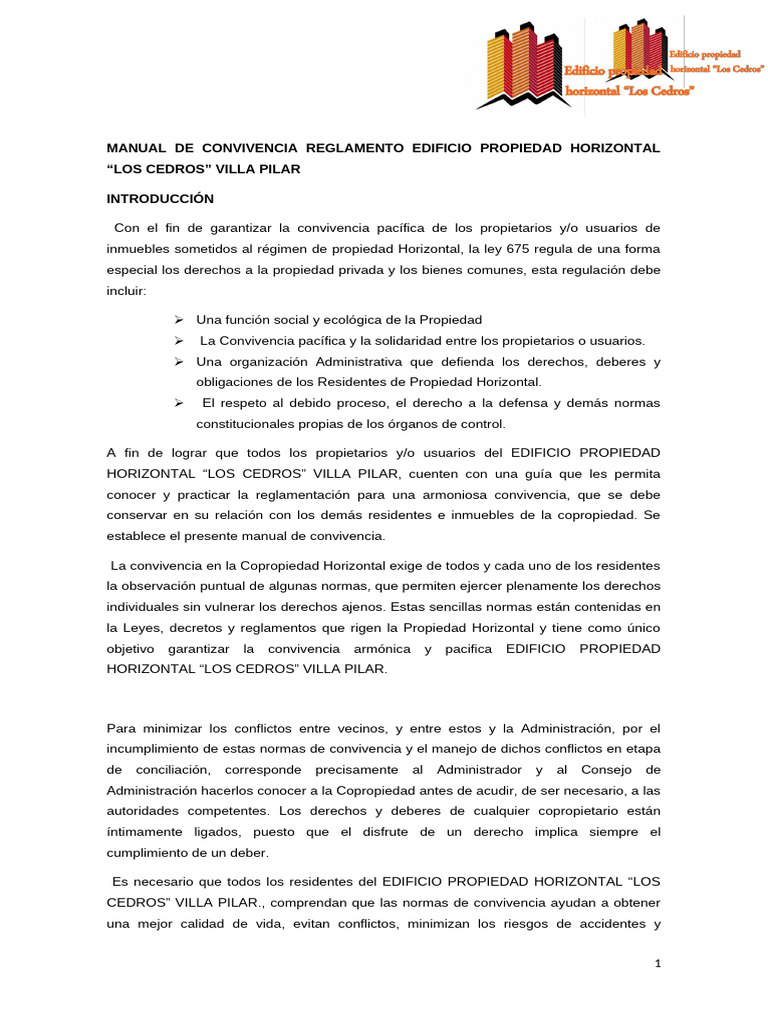 Manual de Convivencia Reglamento Edificio Propiedad Horizontal^ | PDF | Condominio | Propiedad