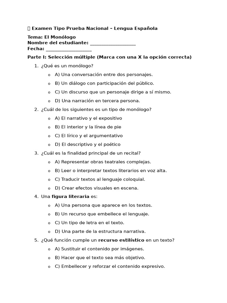 Examen sobre el Monólogo y Poemas | PDF | Monólogo | Metro (poesía)