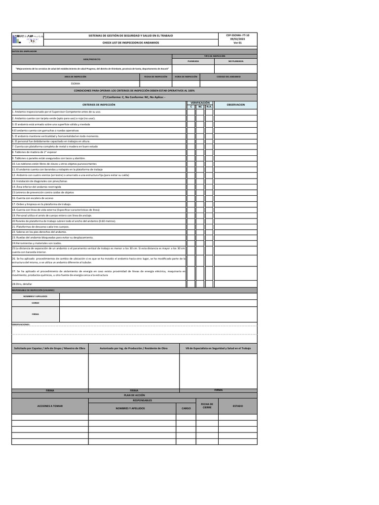 Inspección de Andamios: Checklist Completo | PDF | Andamio