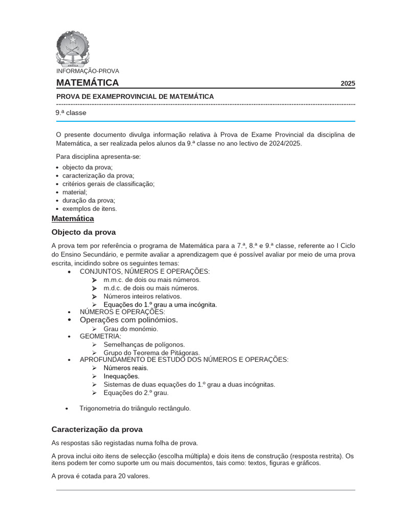Prova de Matemática 9ª Classe 2025 | PDF | Matemática | Equações