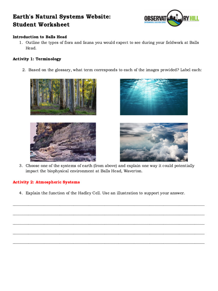Earths Natural Systems Website - Pre Fieldwork Student Worksheet | PDF ...