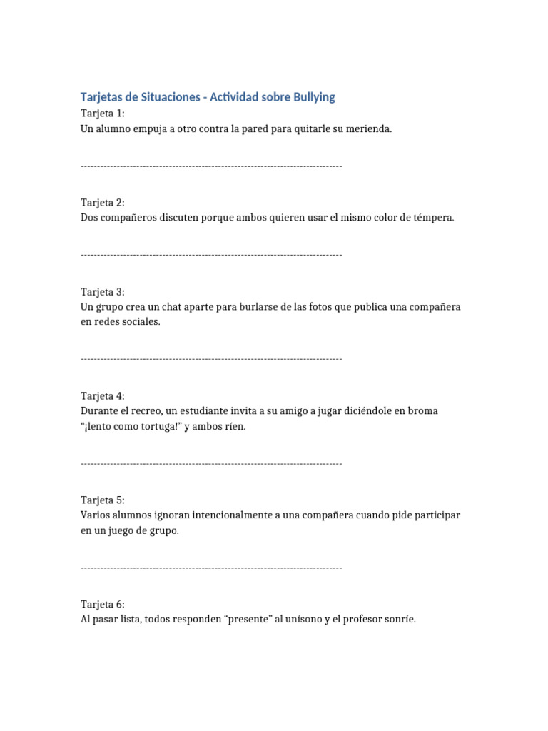 Tarjetas de Situaciones Bullying | PDF