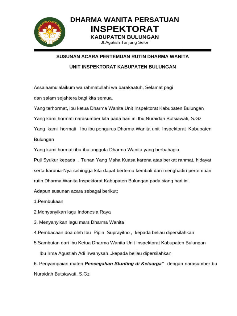 Susunan Acara Pertemuan Rutin DWP | PDF