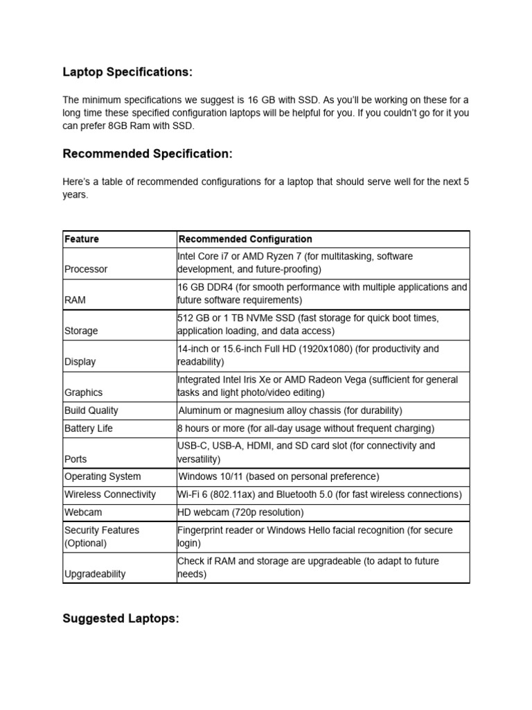 Recommended Laptop Specifications Guide | PDF | Laptop | Solid State Drive