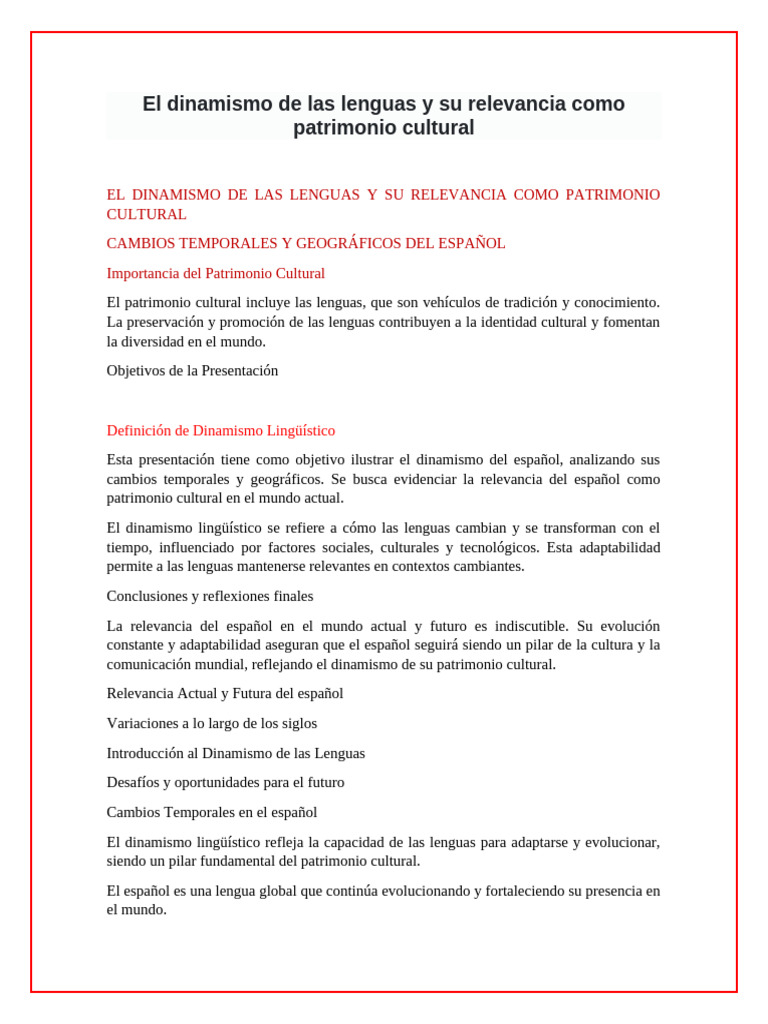 El Dinamismo de Las Lenguas y Su Relevancia Como Patrimonio Cultural | PDF | Lengua española ...