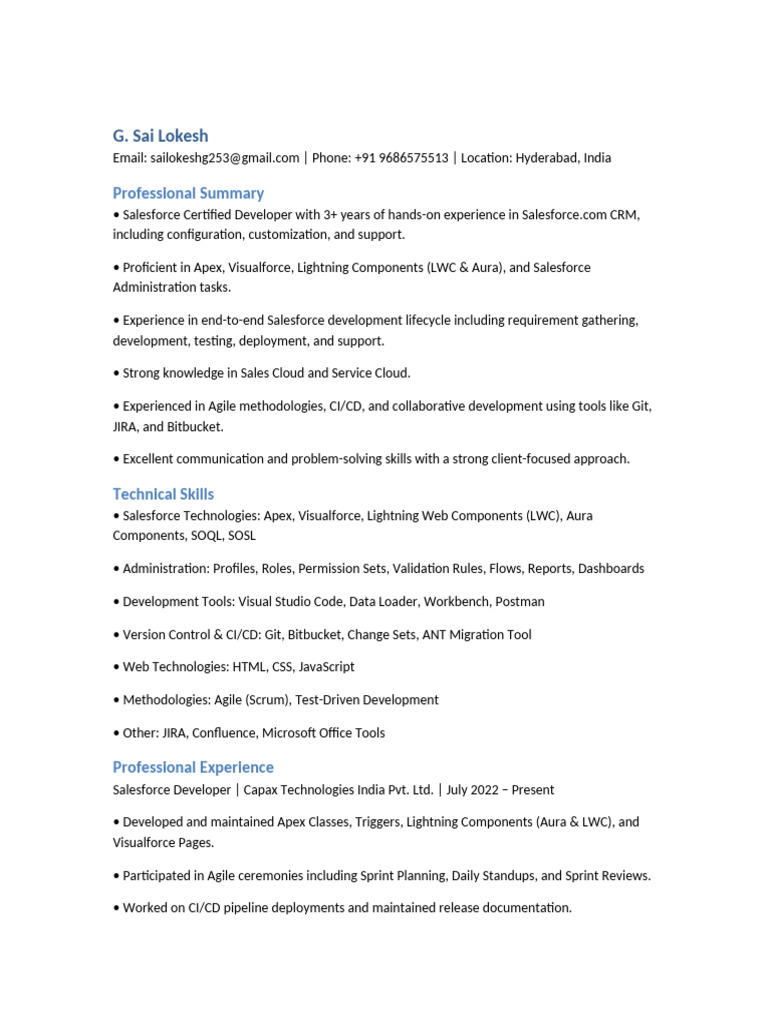 Sai Lokesh Salesforce Developer Resume | PDF