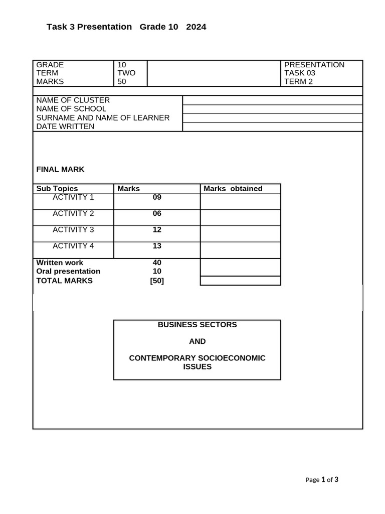 2024 Presentation Task Questions Grade 10 ENG | PDF