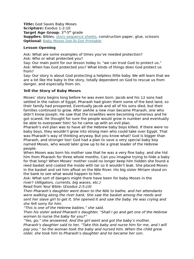 God Protects Baby Moses Lesson | PDF | Book Of Exodus | Moses
