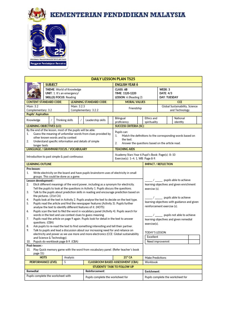 2 BI Y6 LP TS25 Unit 1 It's An Emergency! LP 6 16 | PDF | Lesson Plan | Teachers