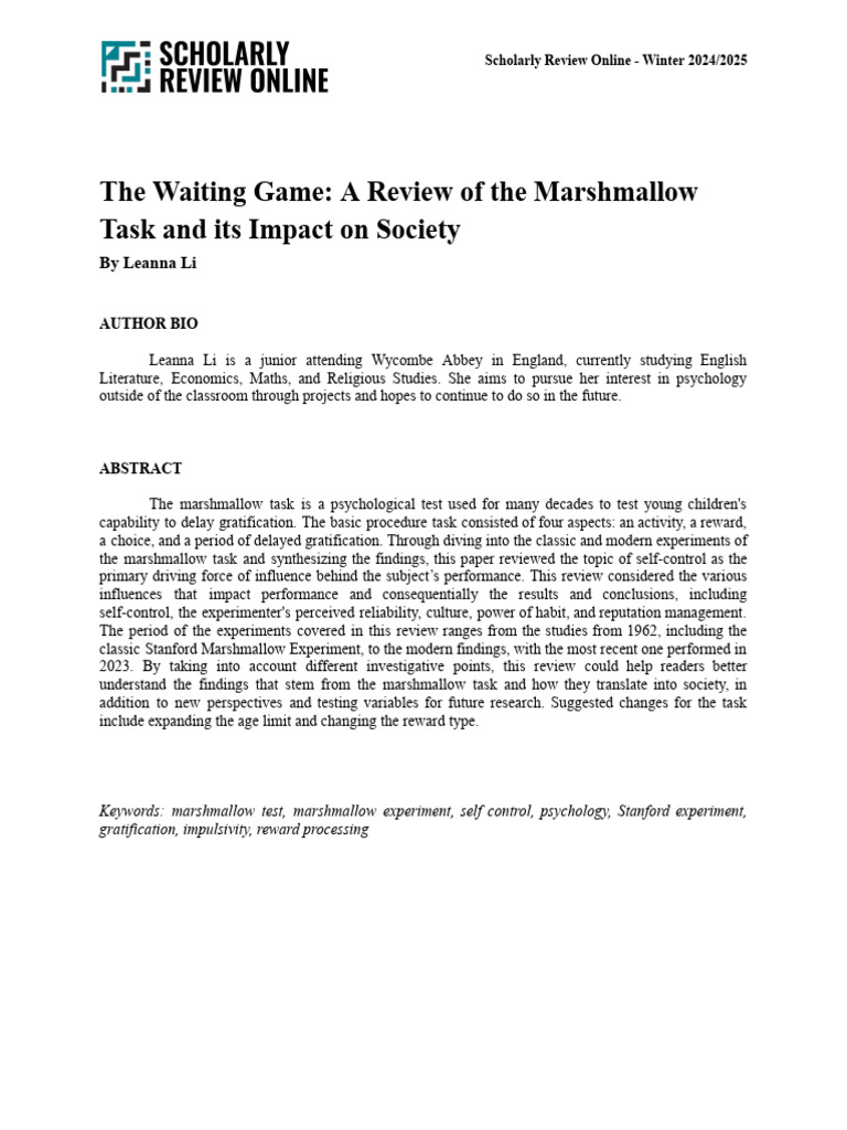 The Marshmalow Task and Its Impact On Society | PDF | Psychology ...