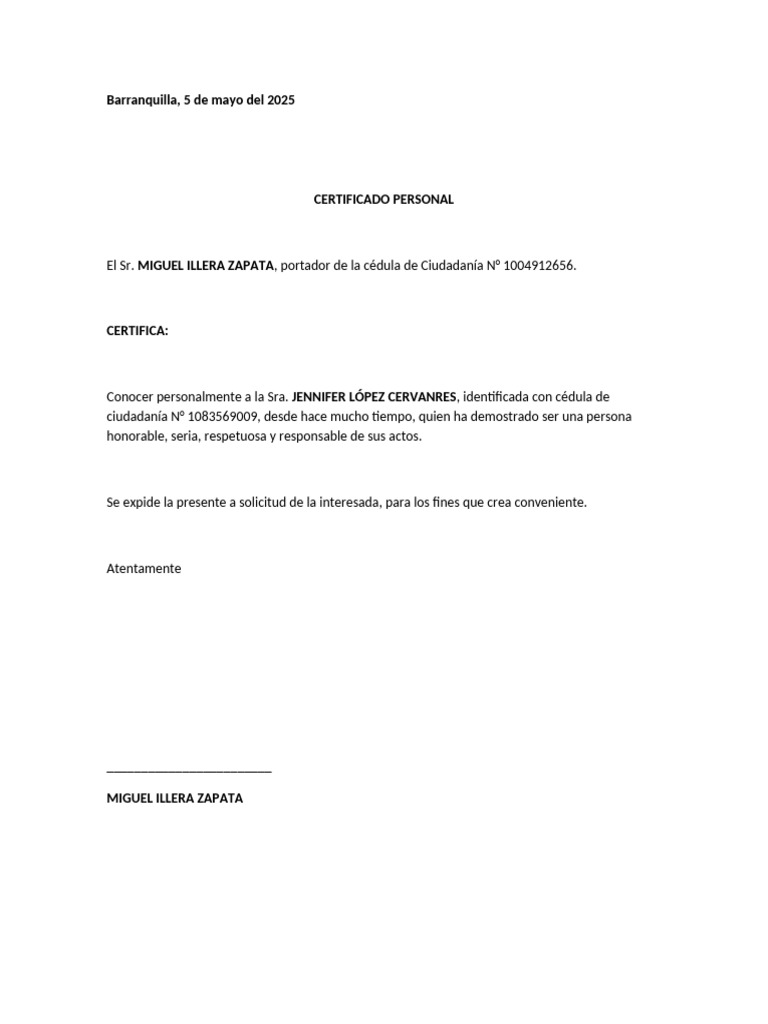 Certificado Personal MIGUEL | PDF
