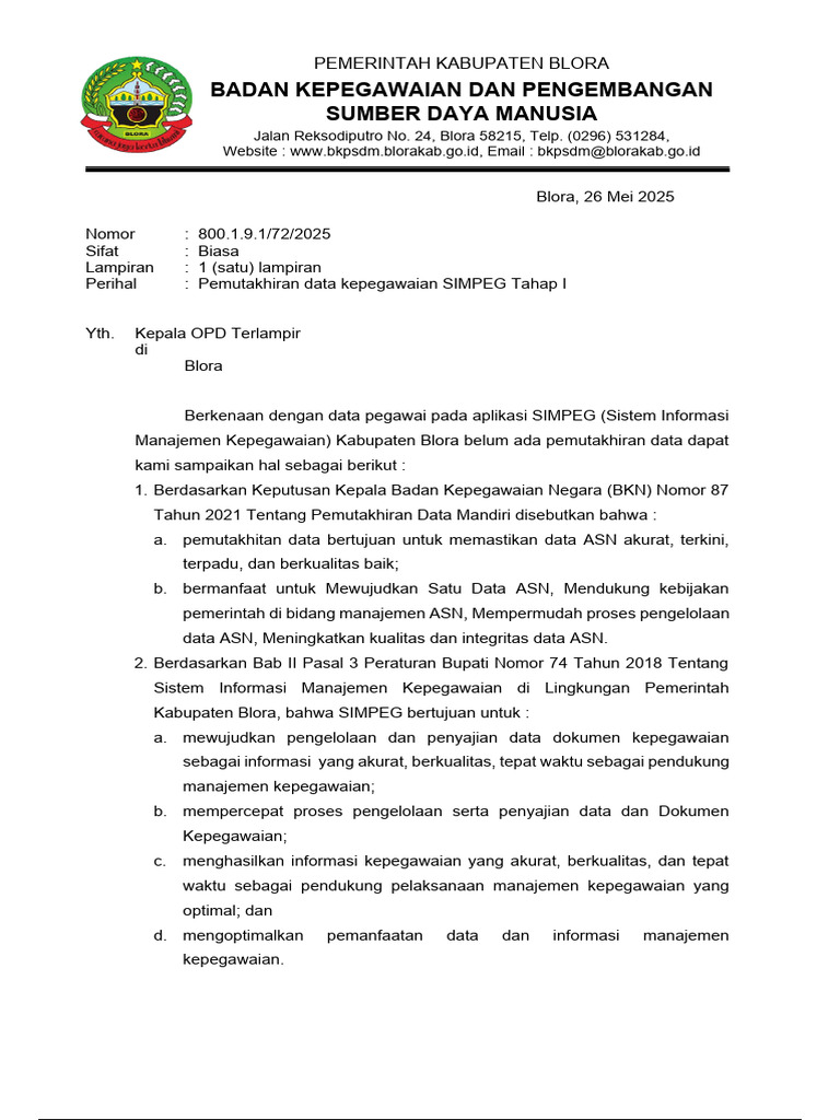 Surat Pemutakhiran Data Kepegawaian Asn | PDF