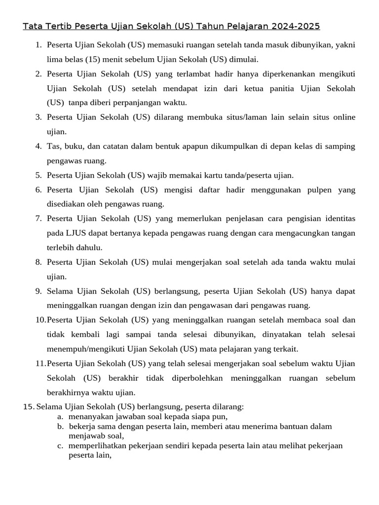 Tata Tertib Peserta Ujian Sekolah | PDF
