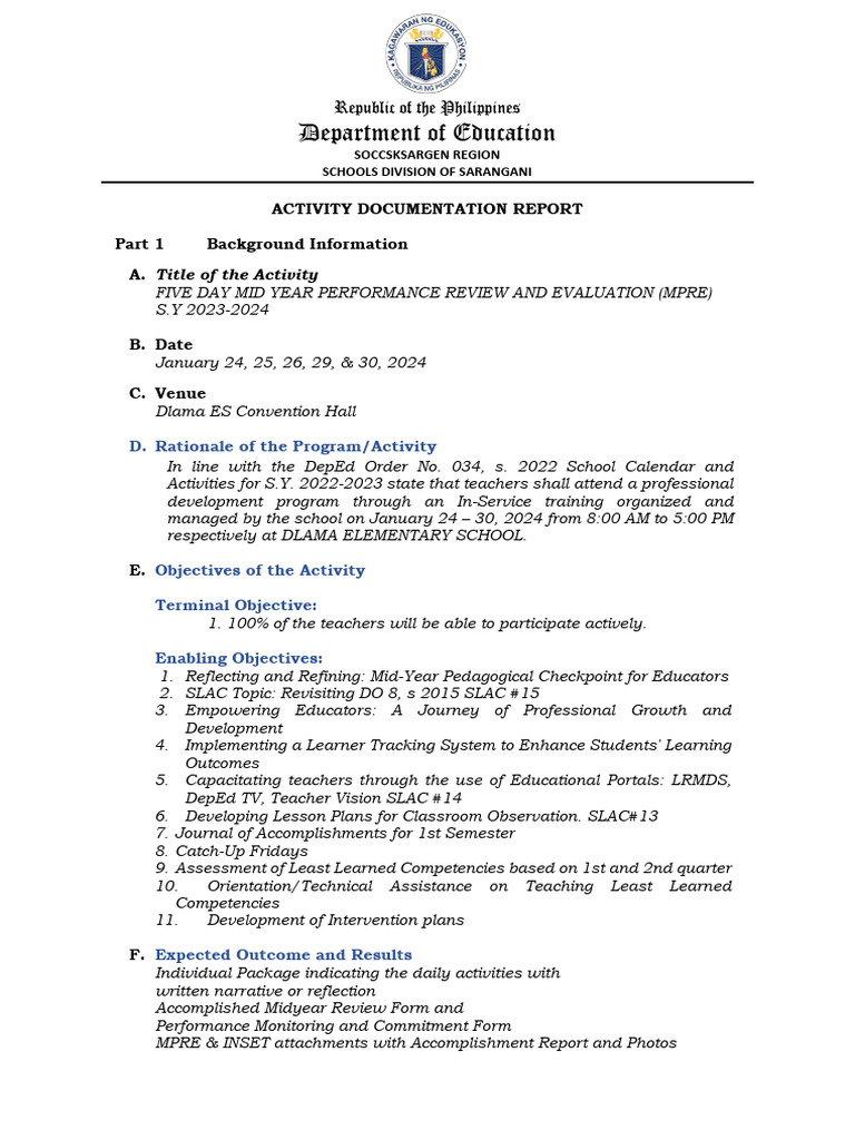 Activity Documentation Report MPRE INSET 2024 Dlama Es | PDF | Learning | Teachers
