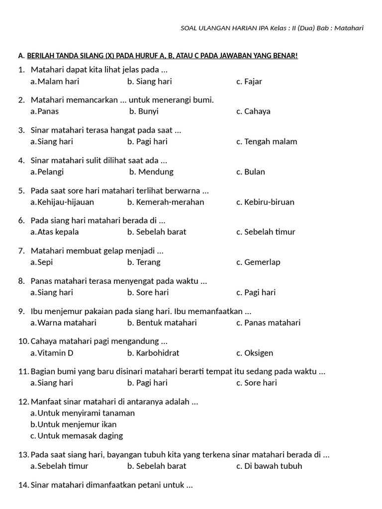 Soal IPA Kelas 2 SD Bab 6 Matahari Dan Kunci Jawaban | PDF