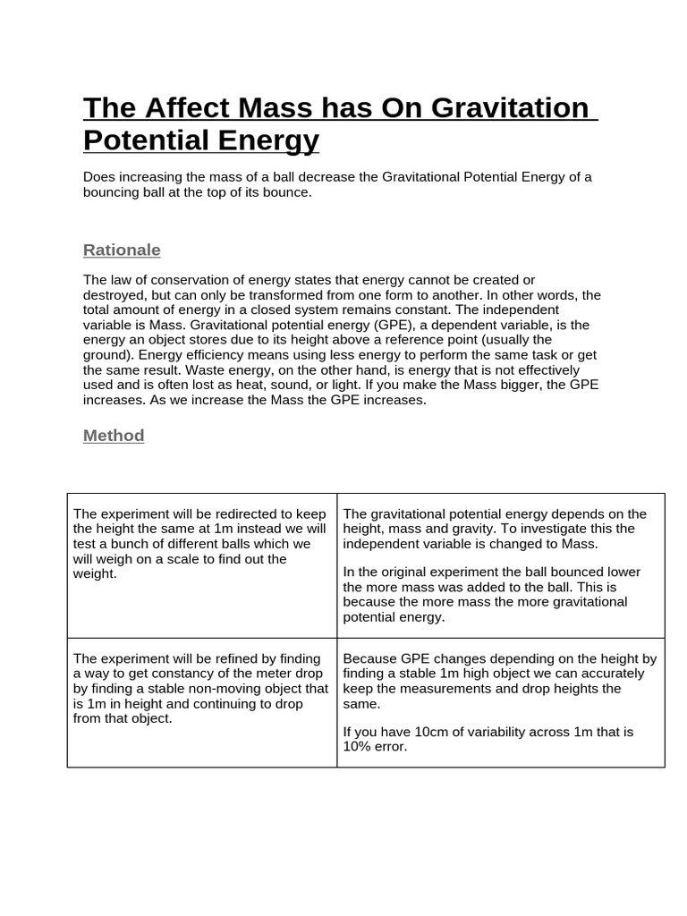 Impact of Mass on Gravitational Potential Energy | PDF | Mass ...