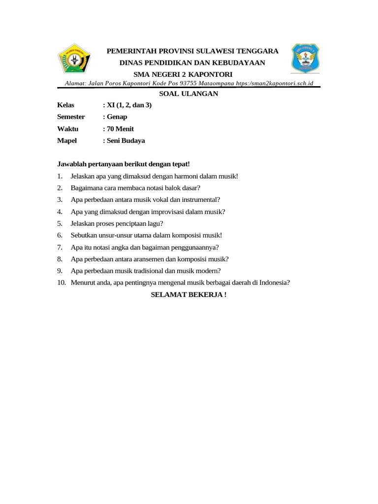 Soal Ulangan Seni Budaya Kelas Xi | PDF