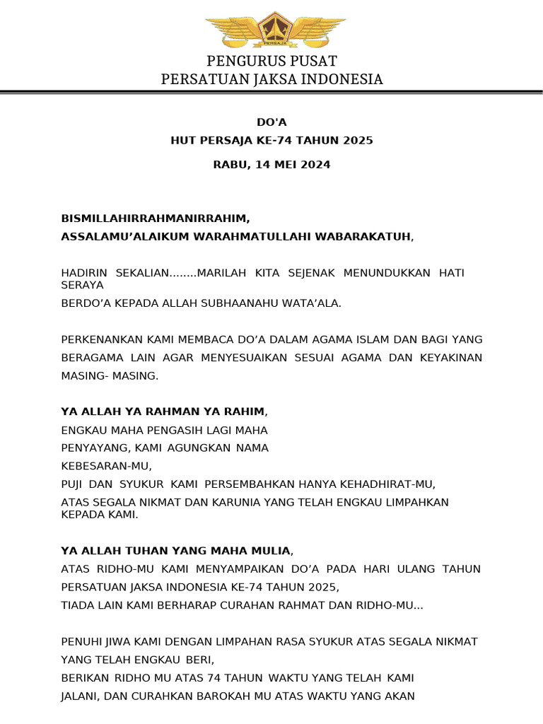 Doa Hut Persaja Ke-74 Tahun 2025 | PDF