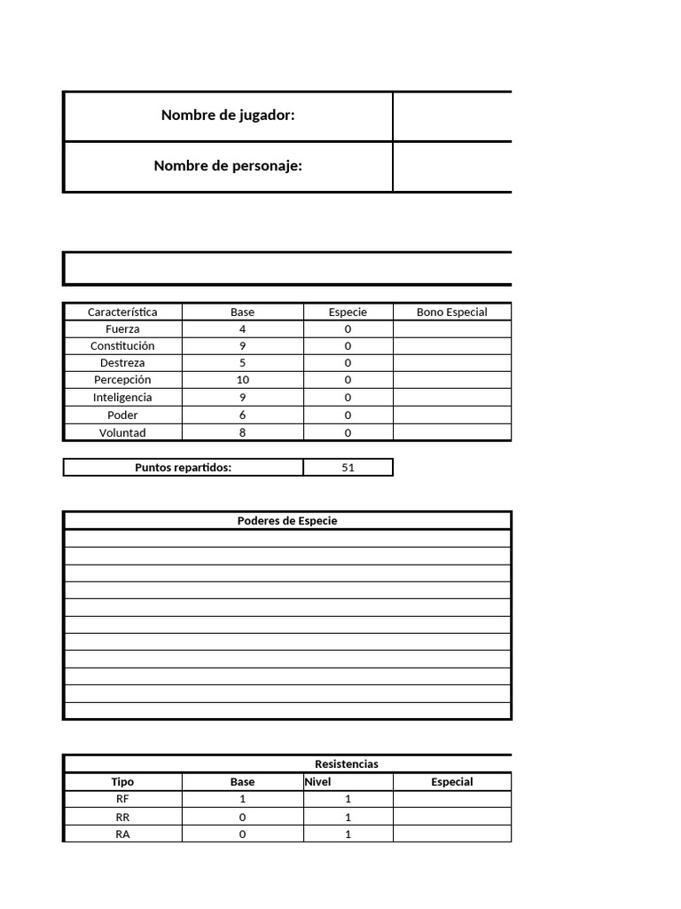 Ficha Excel Regnum Ex Nihilo Con Personalizacion | PDF | Aprendizaje | Armas de fuego
