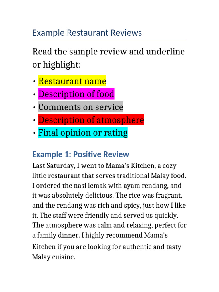 Restaurant Review Examples | PDF