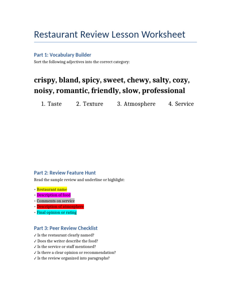 Restaurant Review Worksheet | PDF