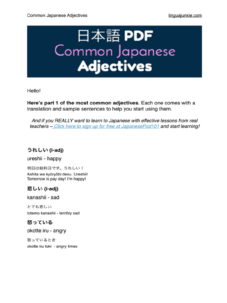 Common Japanese Adjectives | PDF