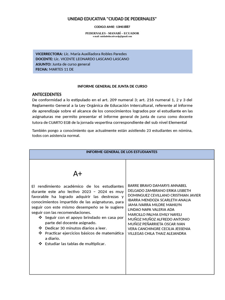 Informe para Vicerrectorado | PDF