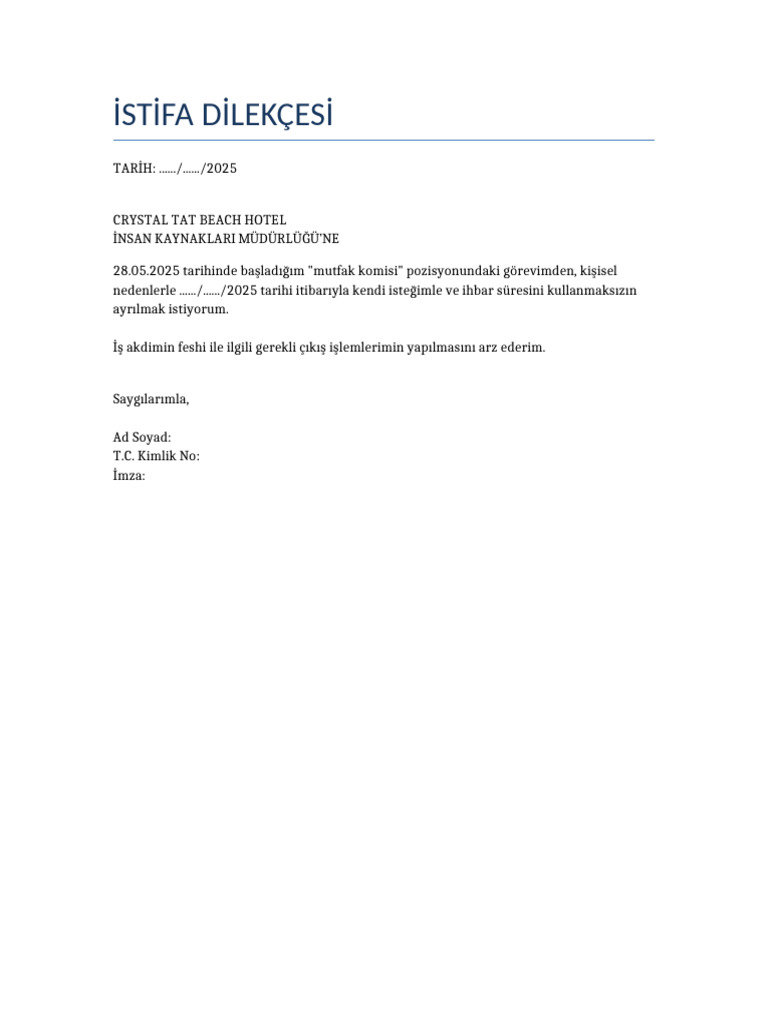 Istifa Dilekcesi Tarihsiz Ornek | PDF