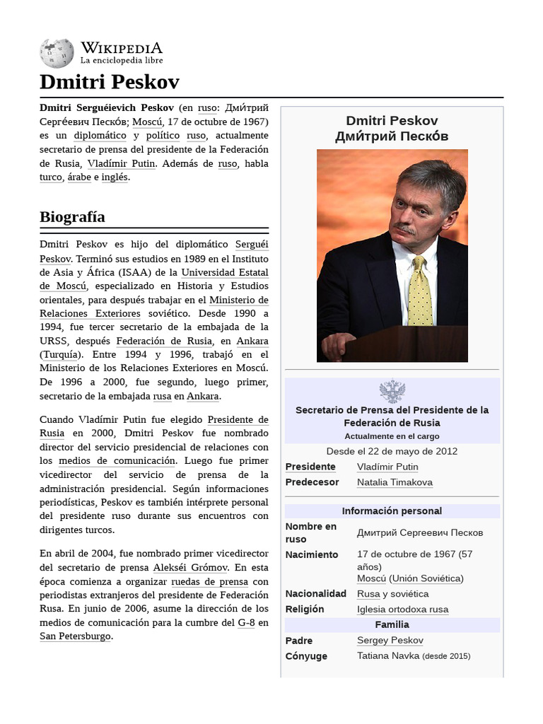 Biografía de Dmitri Peskov, portavoz de Putin | PDF | Gobierno | Rusia
