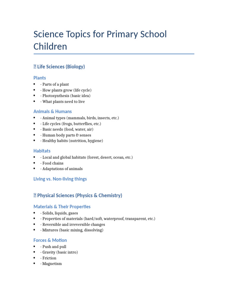 Science Topics Primary School | PDF