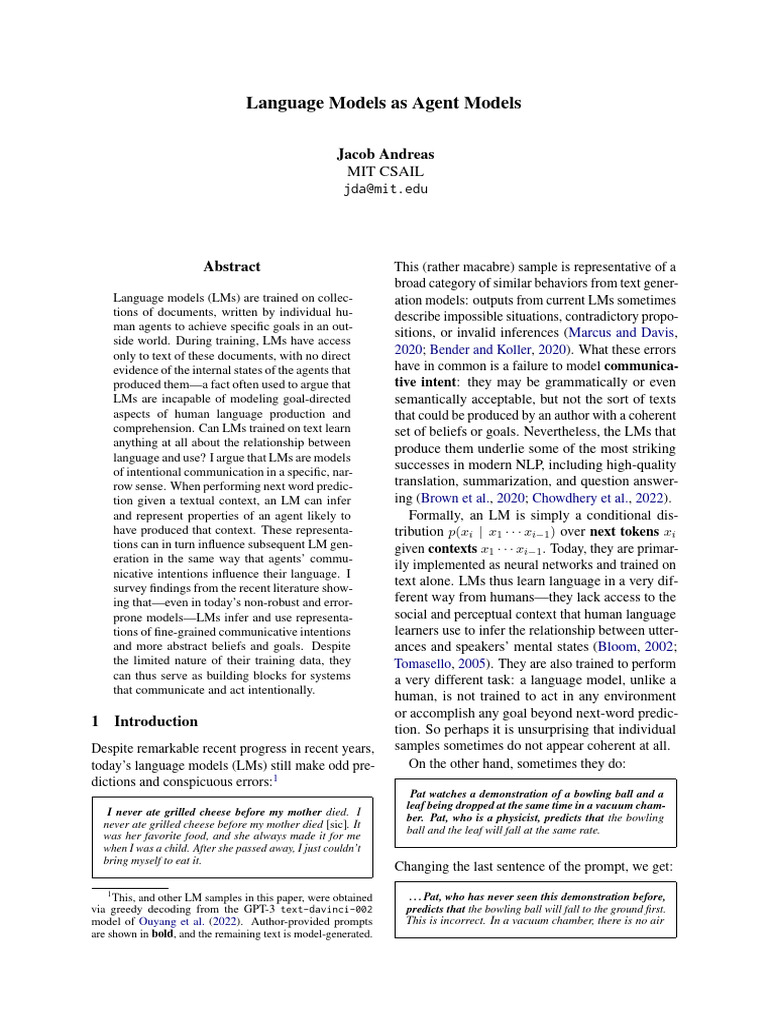 Language Models As Agent Models: Jacob Andreas | PDF | Intention | Information