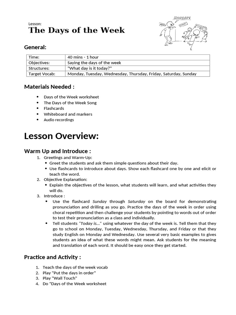 Teach Days of the Week Lesson Plan | PDF | Workweek And Weekend | Learning