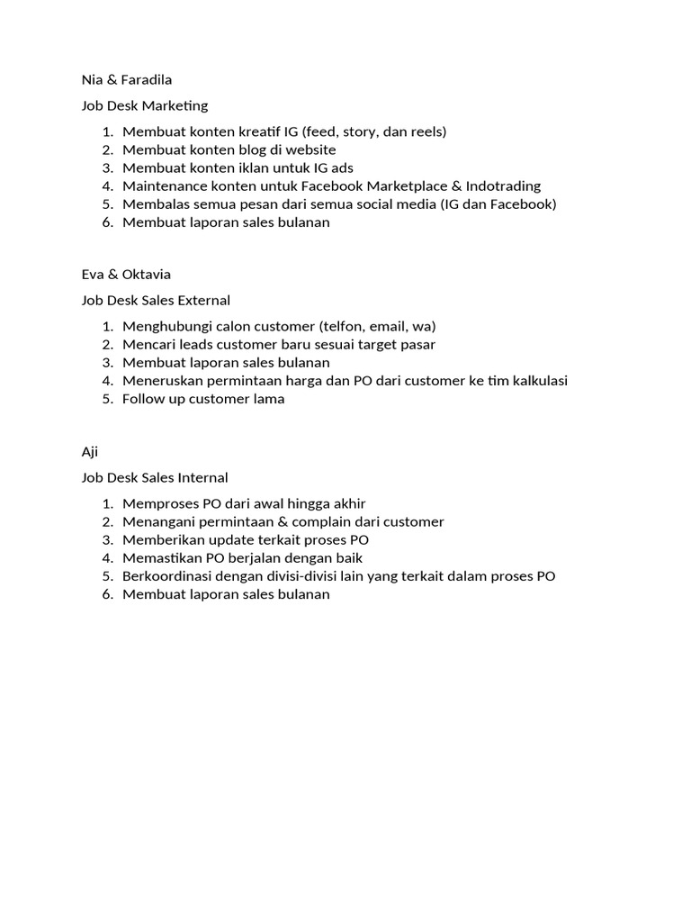 Jobdesk Sales & Marketing - Update | PDF