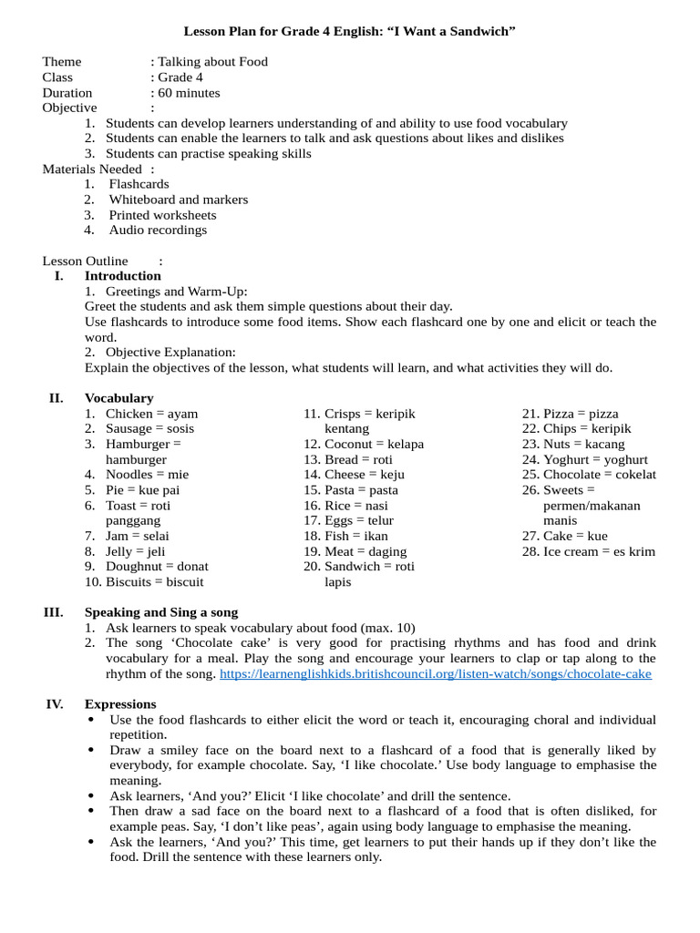 Lesson Plan For Grade 4 English Talk About Food | PDF | Cooking ...
