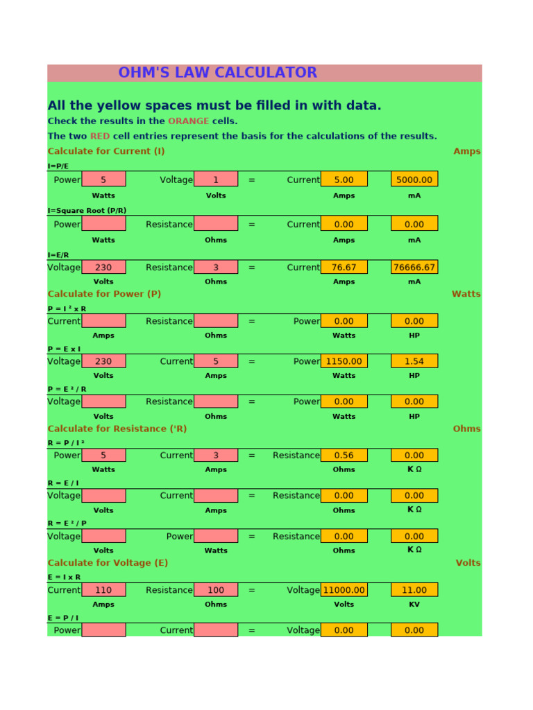 Electrical Equation Solver Ohms Law Excel Toolkit | PDF | Volt | Voltage