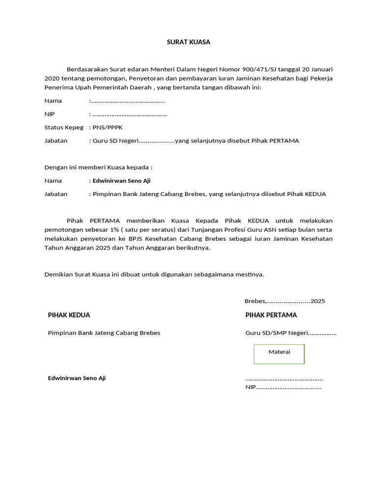 Surat Kuasa Pembayaran Bpjs 1 TPG Materai | PDF