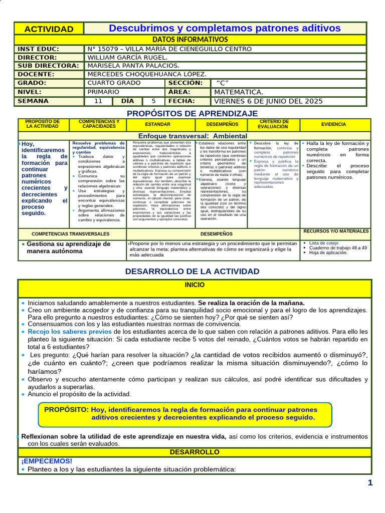 Jueves 5 de Junio Descubrimos y Completamos Patrones Aditivos | PDF | Aprendizaje | Matemáticas