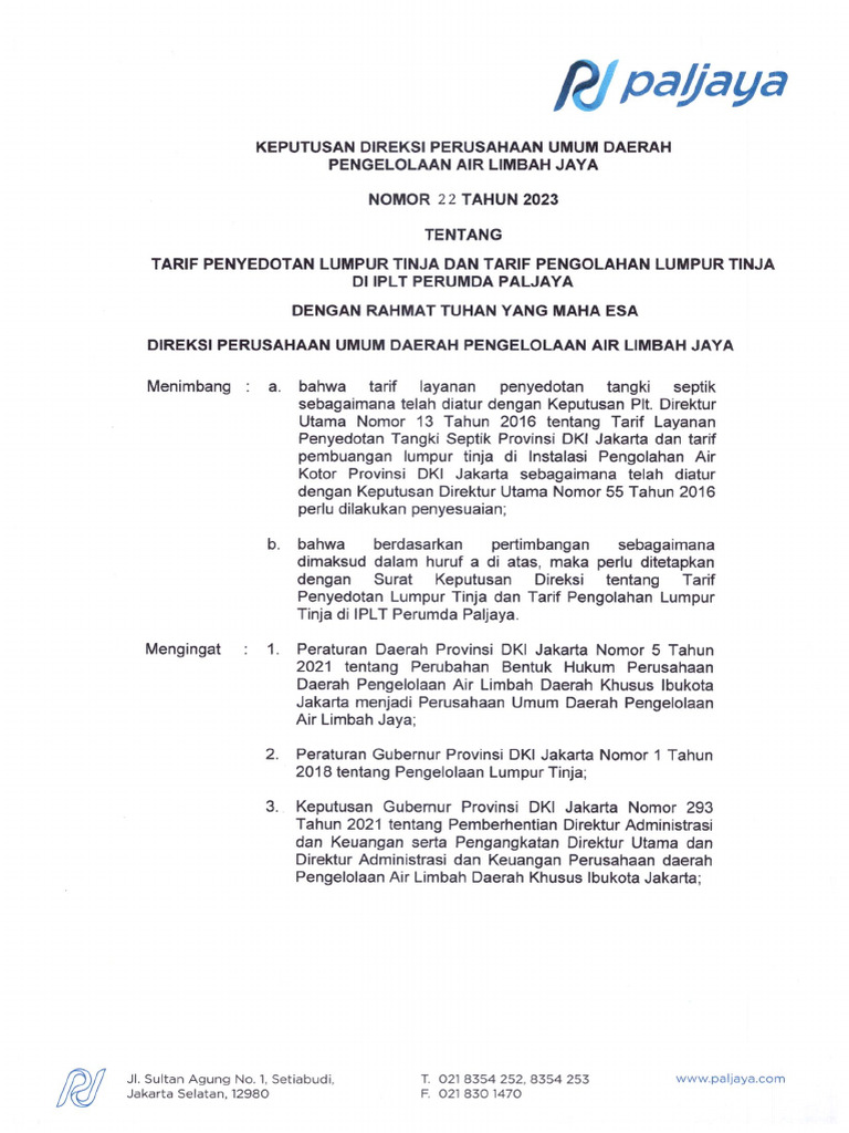 SK Direksi Nomor 22 Tahun 2023 Tentang Tarif Penyedotan Lumpur Tinja ...